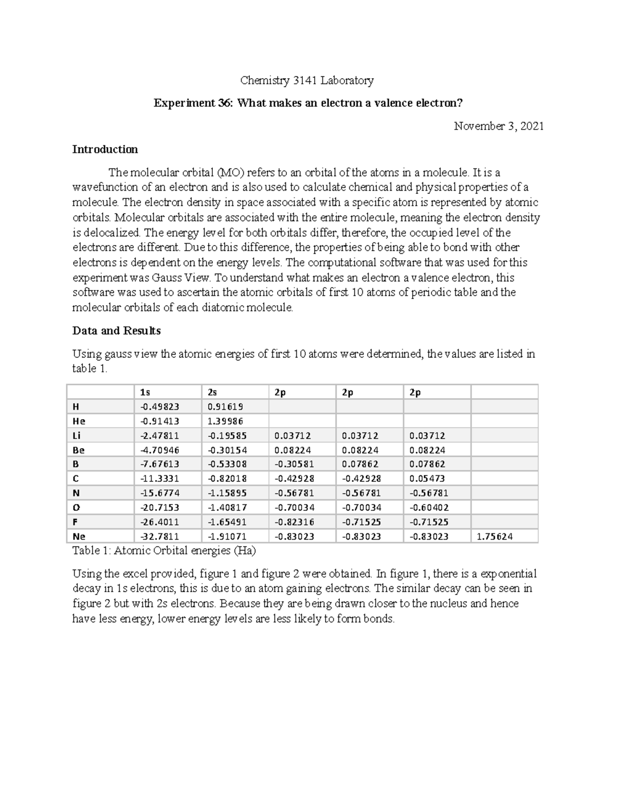 Exp 36 - What makes an electron a valence electron? - Chemistry 3141 ...