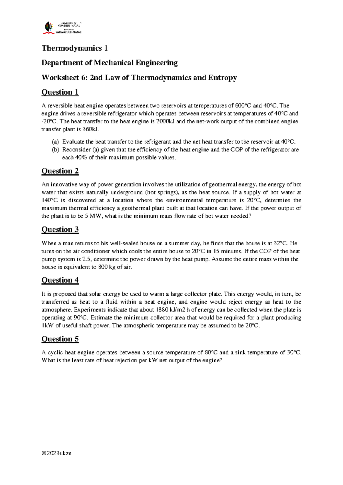Worksheet 6 - ©2023ukzn Thermodynamics 1 Department of Mechanical ...