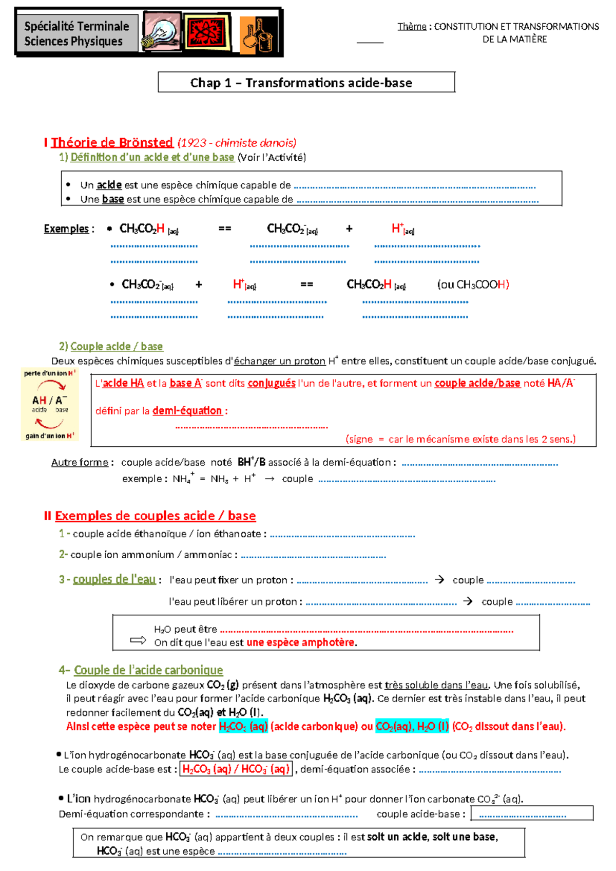 Chap 1 Transformations acide-base - Chap 1 – Transformations acide-base I Théorie de Brönsted ...