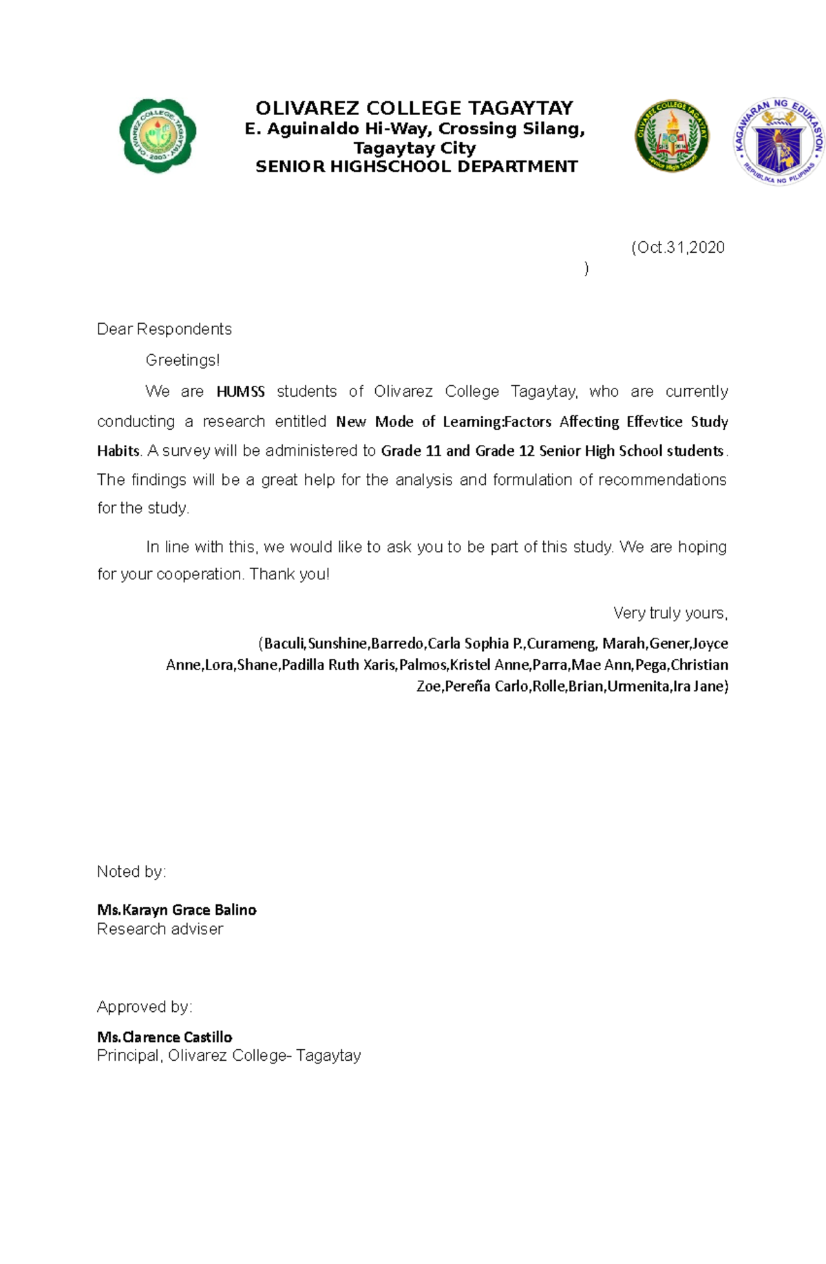 Letter TO THE Respondents 5f98c8f78ff22 - OLIVAREZ COLLEGE TAGAYTAY E ...