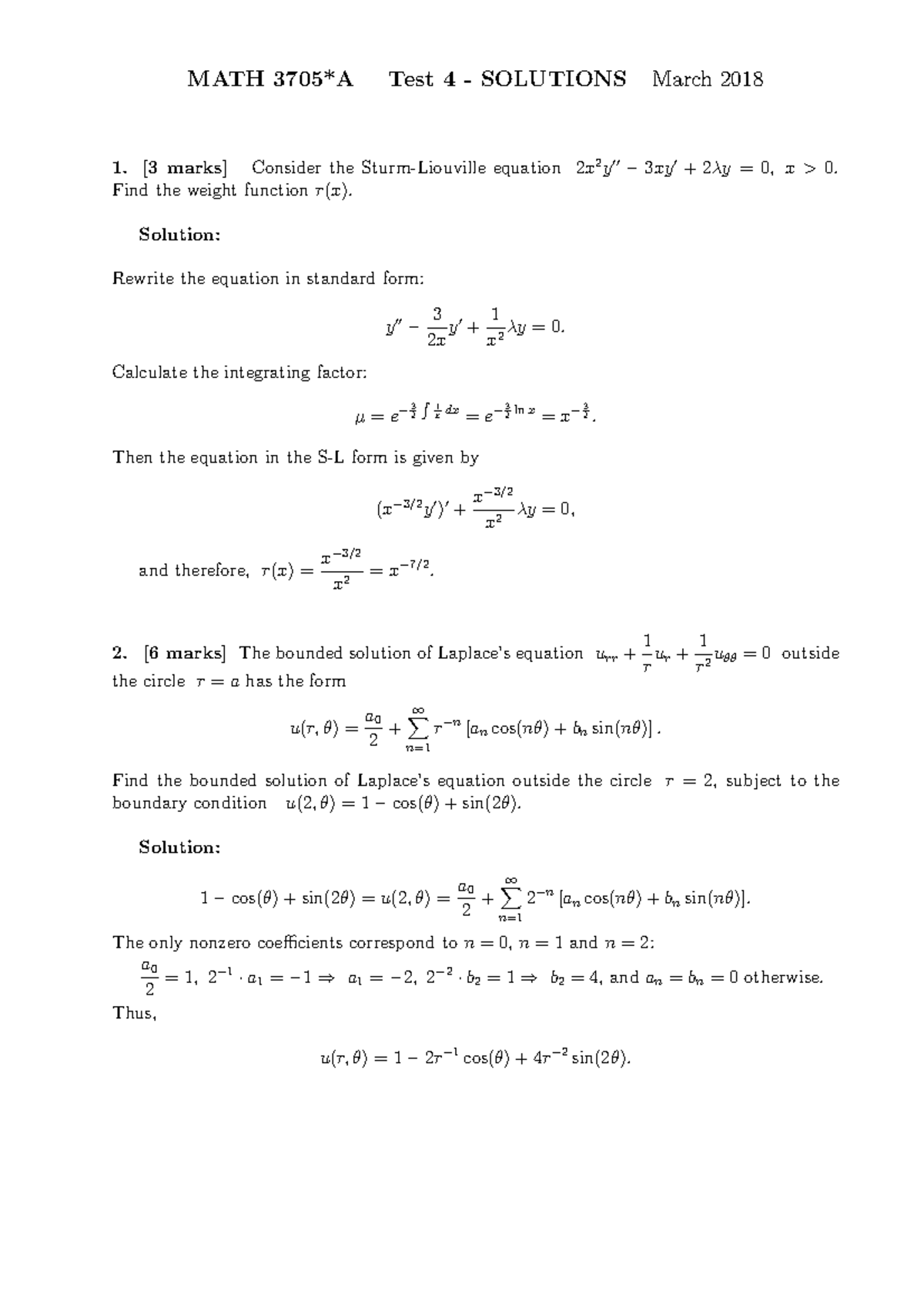 Test 2018, questions and answers - MATH 3705*A Test 4 - SOLUTIONS March ...