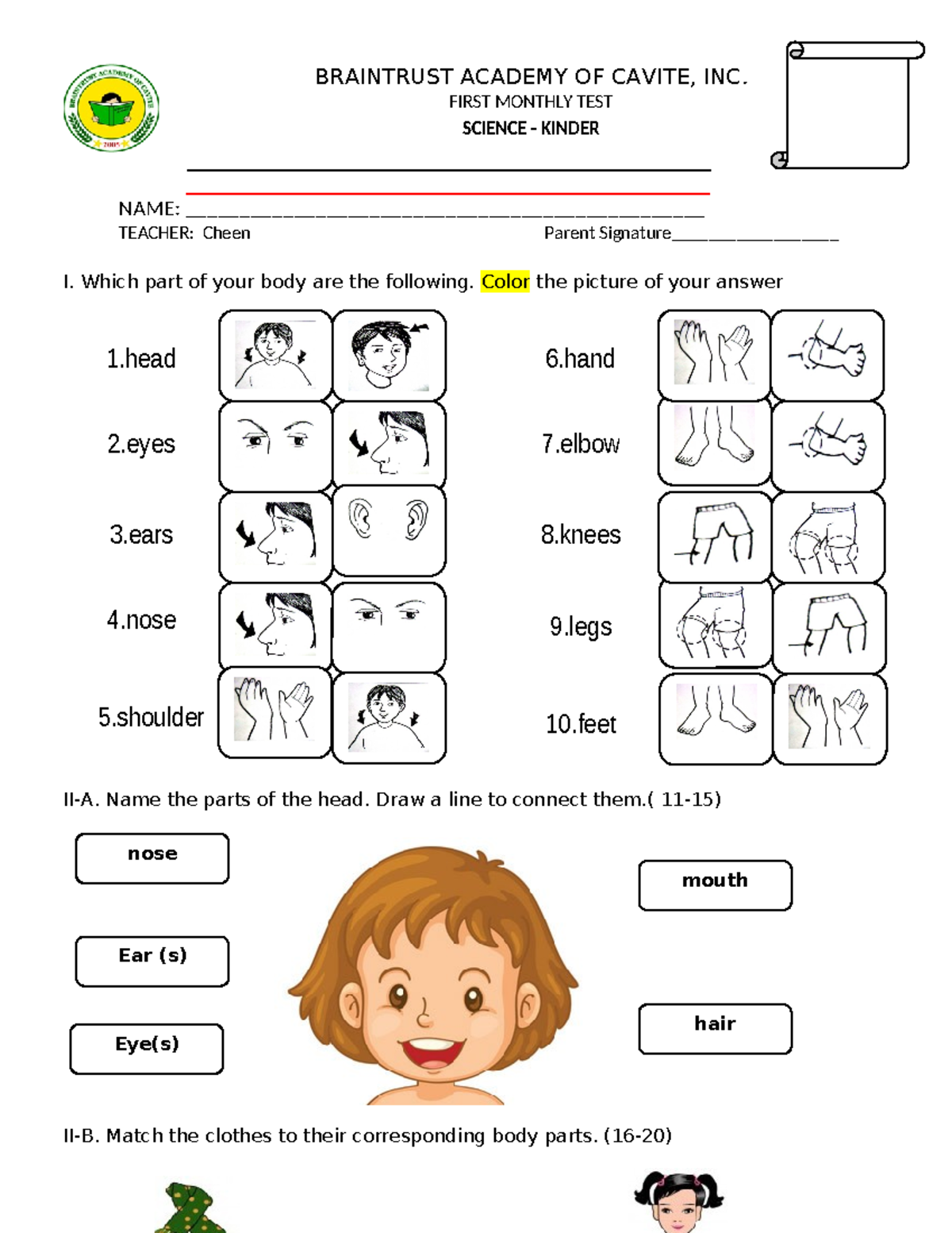 1st ME Kinder 23-24 - BRAINTRUST ACADEMY OF CAVITE, INC. FIRST MONTHLY ...