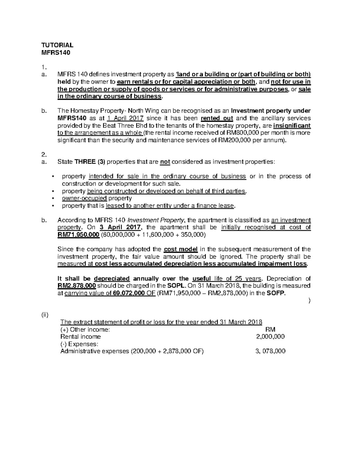 Tutorial Answer MFRS140 TUTORIAL MFRS 1 A MFRS 140 Defines