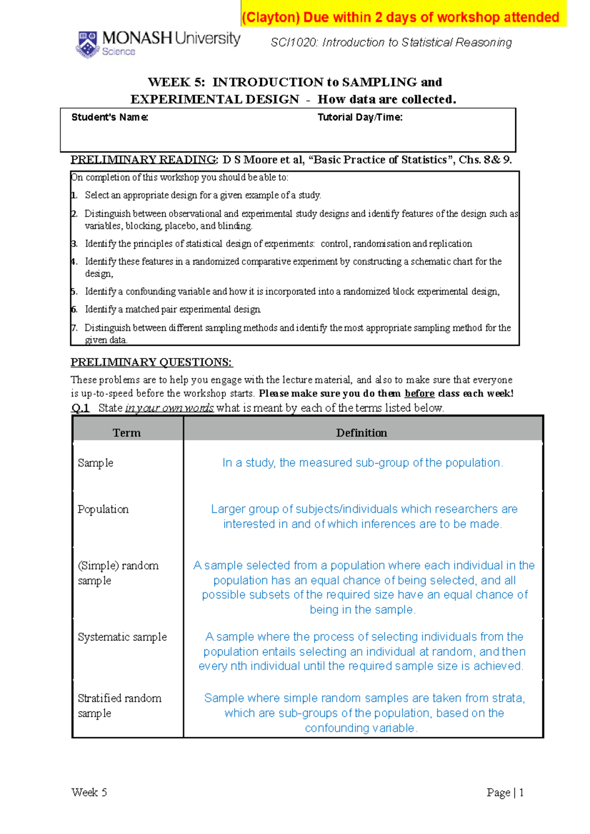 Week 5 worksheet sci 1020 - SCI1020 - Monash - Studocu