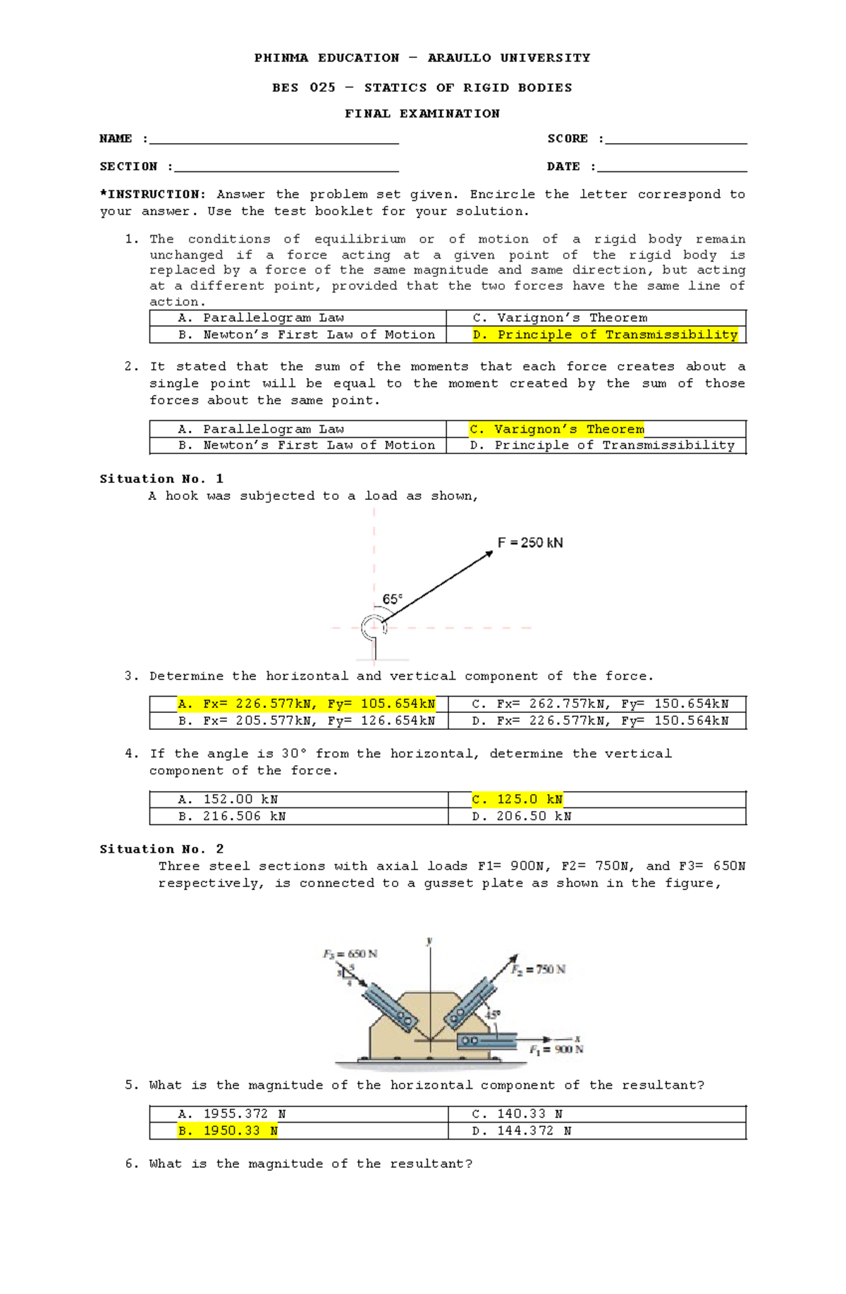 BES 025 P2 Remedial Examination SET A - BES 025 – STATICS OF RIGID ...