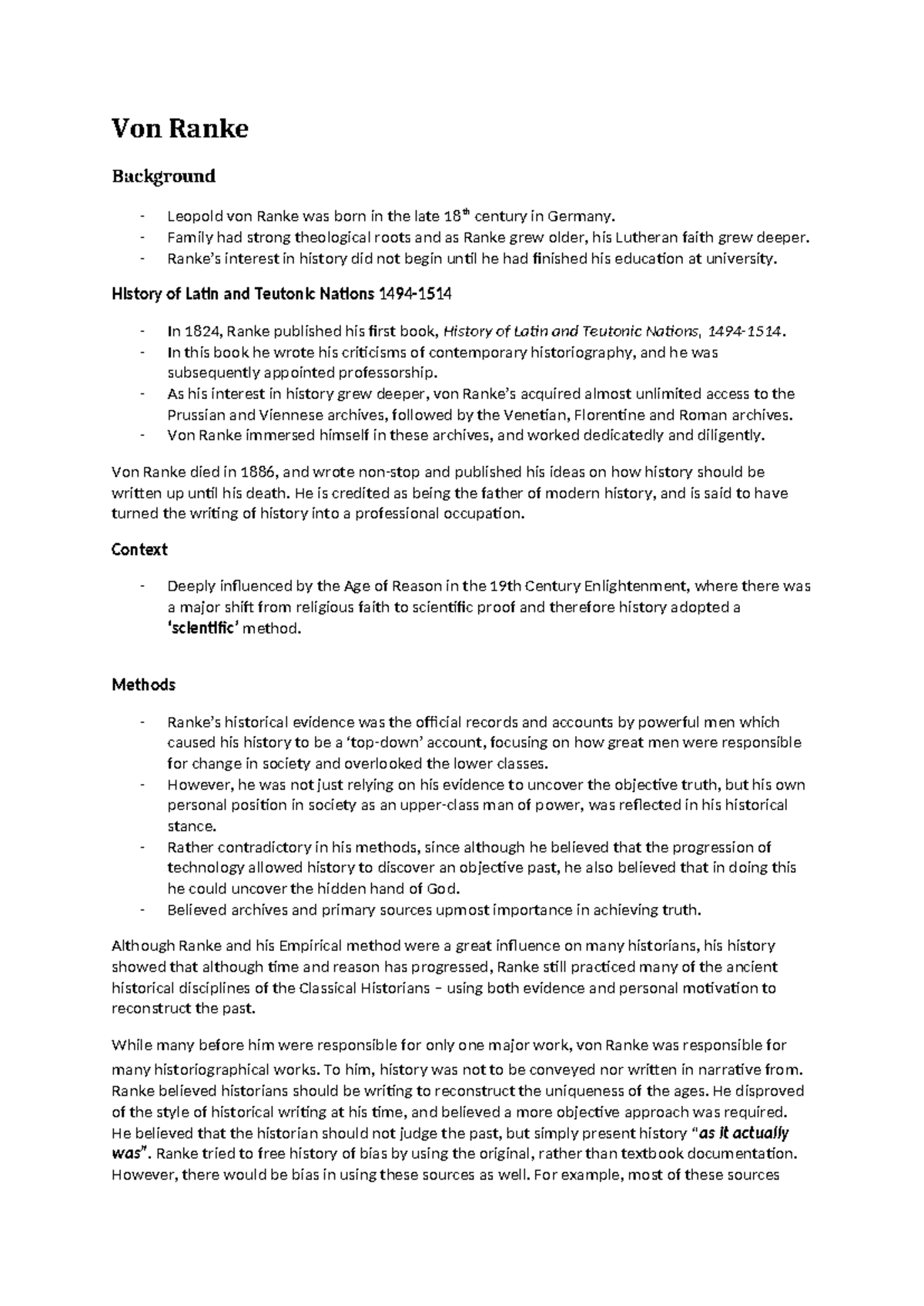 Historians Notes - 1 - Von Ranke Background - Leopold von Ranke was ...