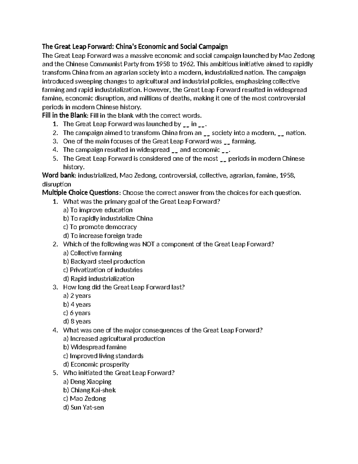 The Great Leap Forward WS - The Great Leap Forward: China's Economic ...