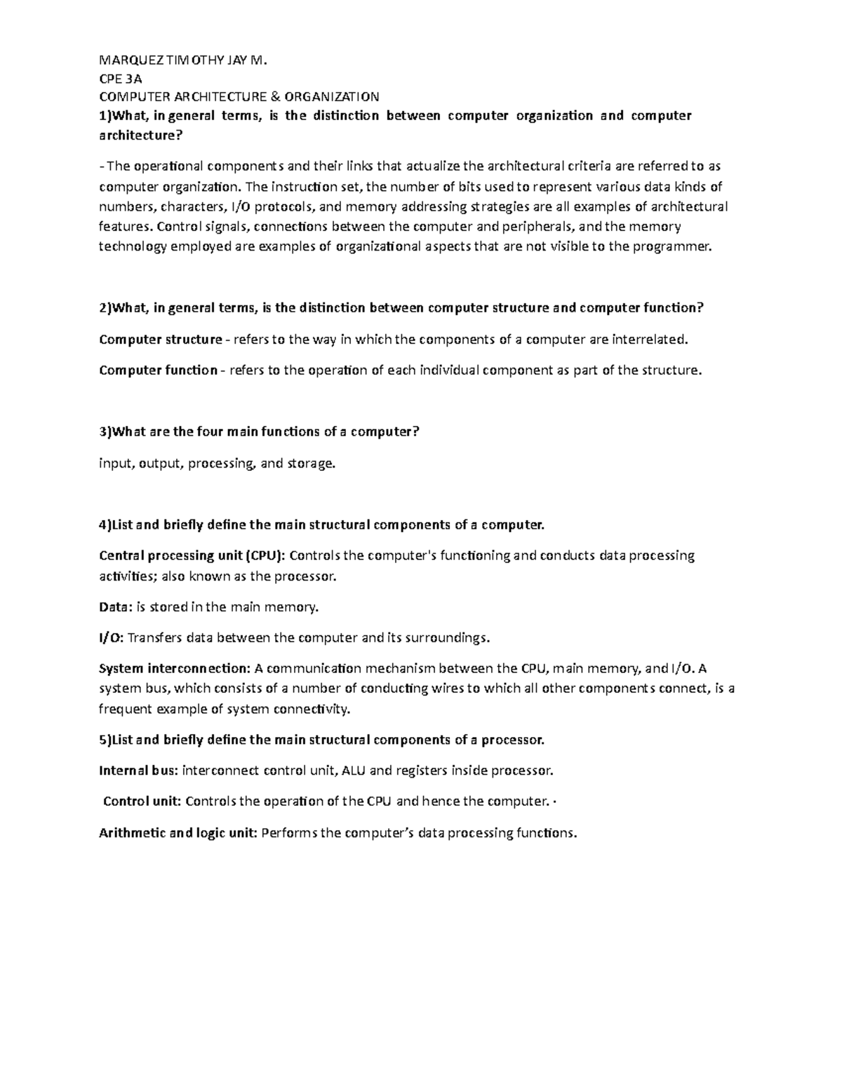 Computer Architecture and organization activity 1 - MARQUEZ TIMOTHY JAY ...