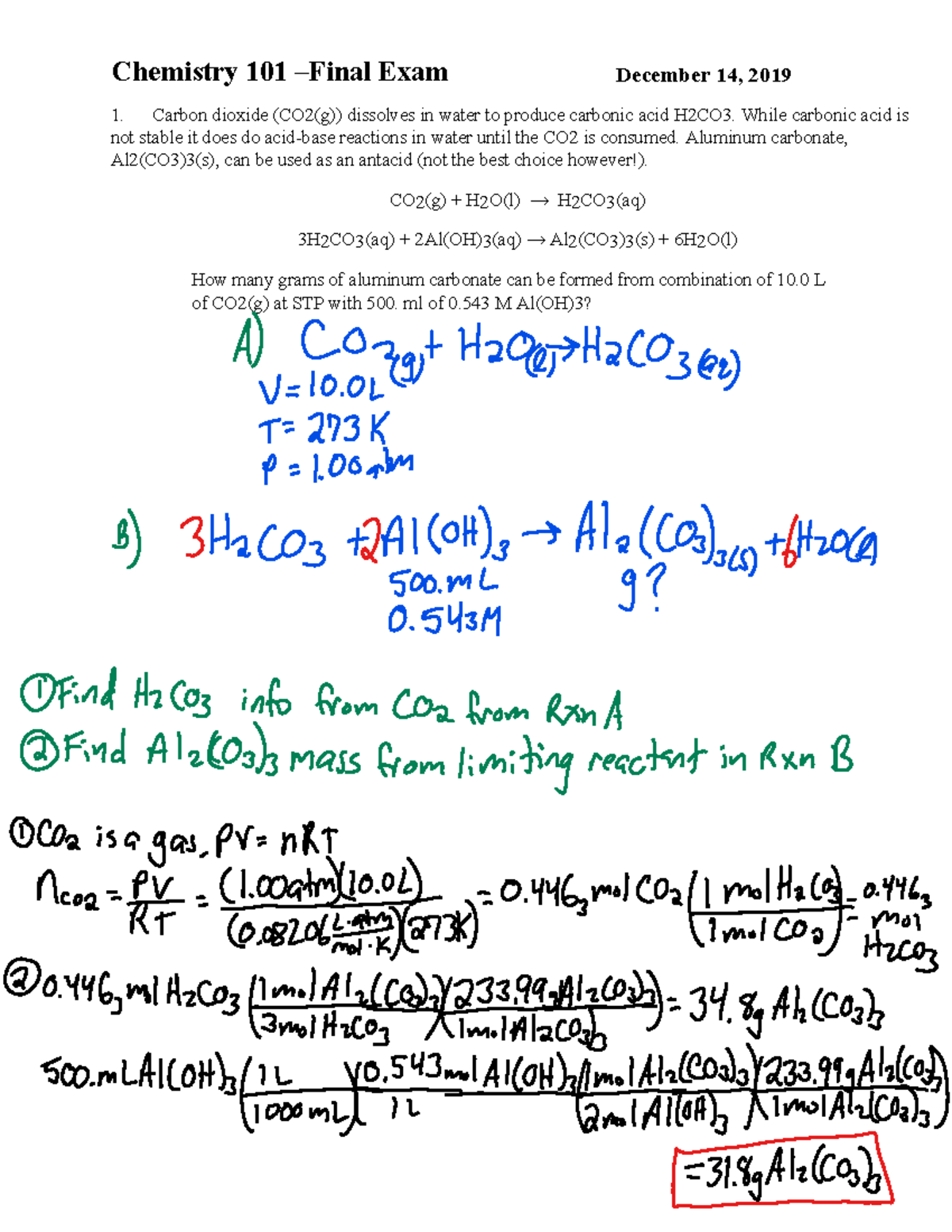 chem final answers - Chemistry 101 – Final Exam December 14, 2019 ...
