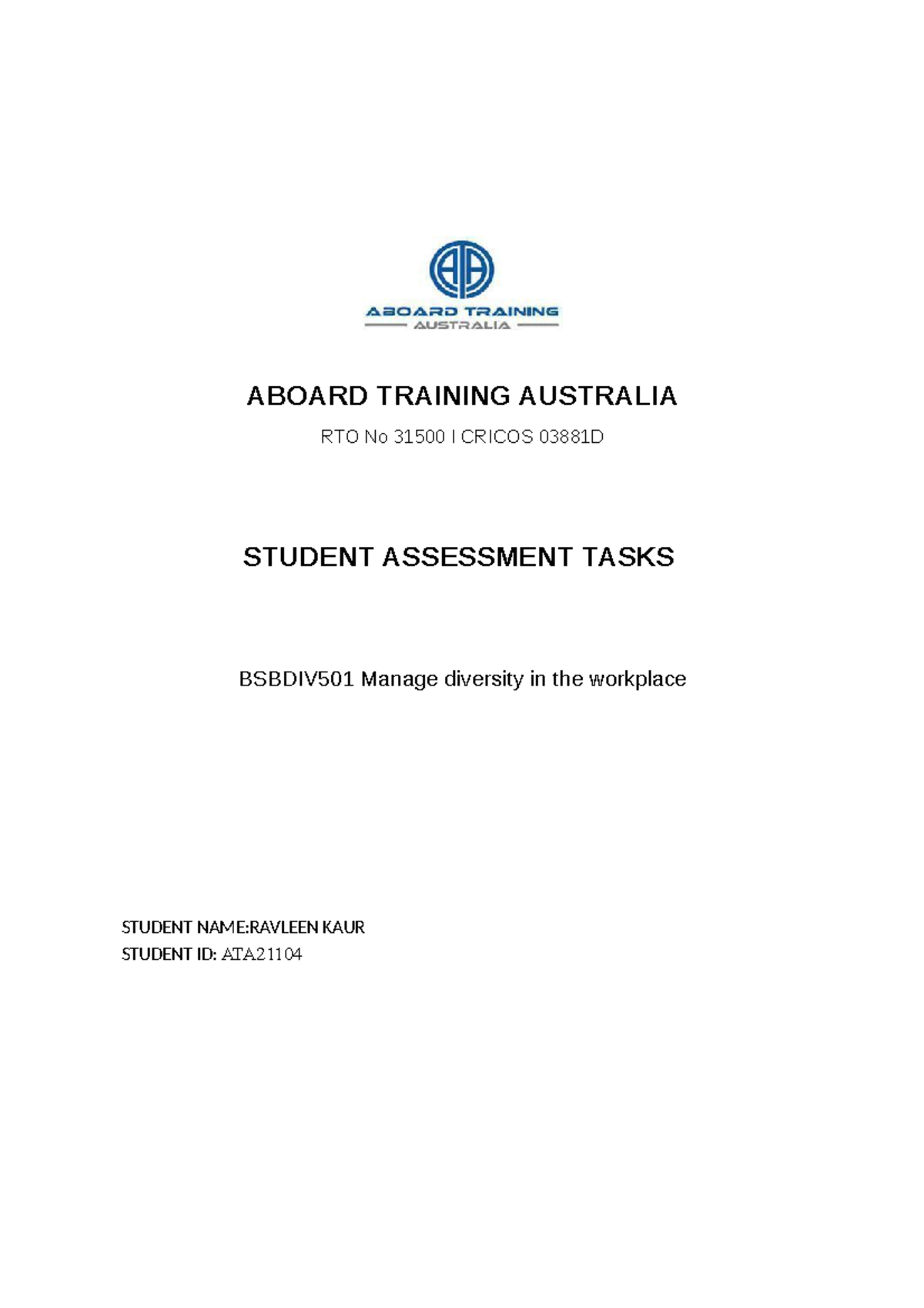 Bsbdiv 501 Student Assessment Tasks - ABOARD TRAINING AUSTRALIA RTO No 31500 I CRICOS 03881D ...