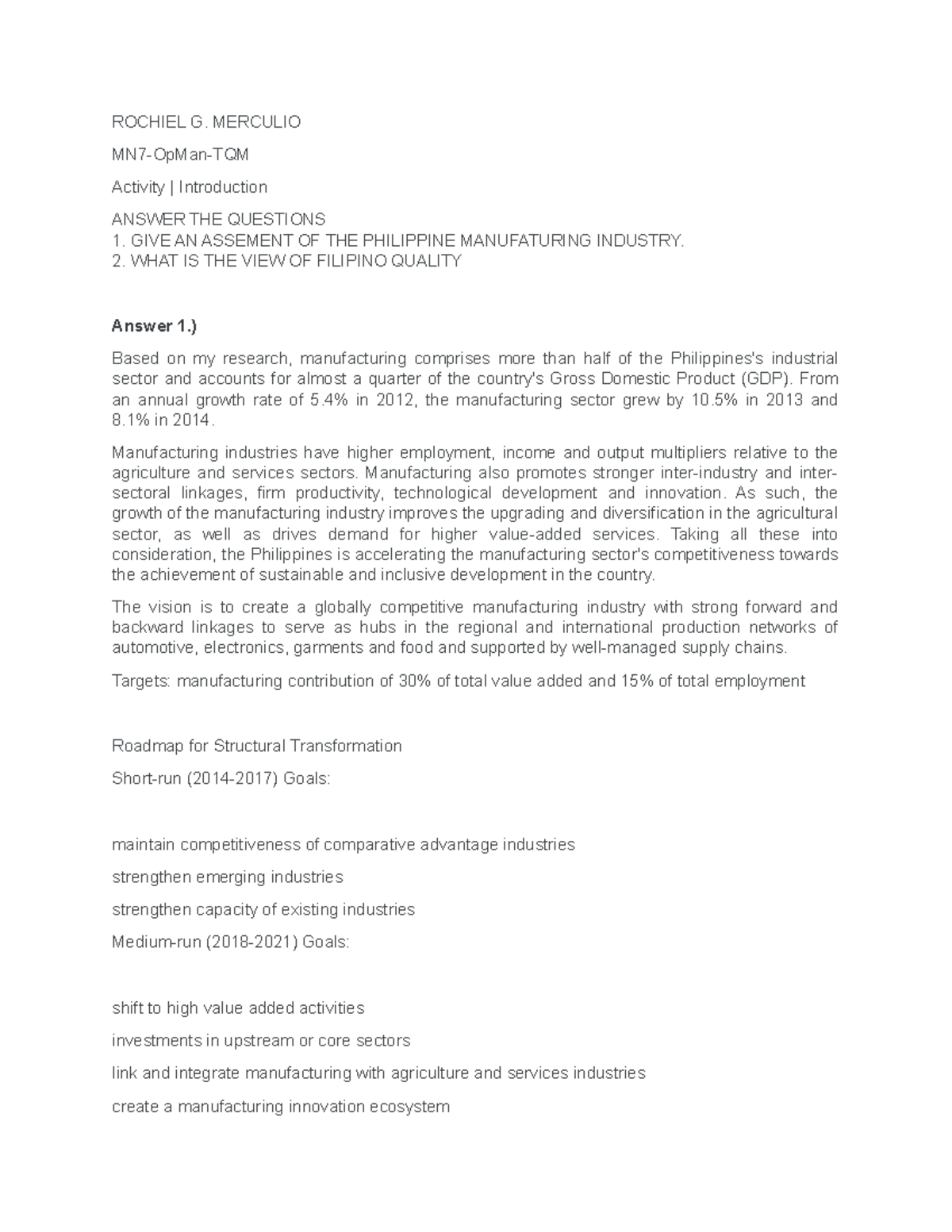 Activity 1 ; Introduction GIVE AN ASSEMENT OF THE PHILIPPINE ...