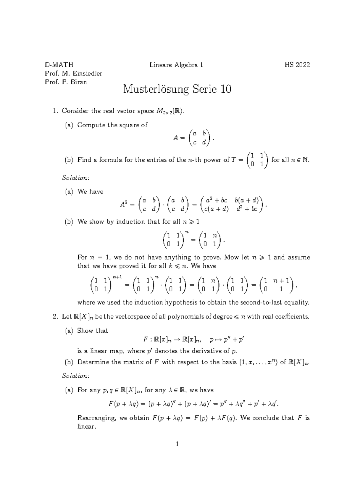 LAI sols10-en - Linear Algebra - D-MATH Lineare Algebra I HS 2022 Prof. M. Einsiedler Prof. P ...