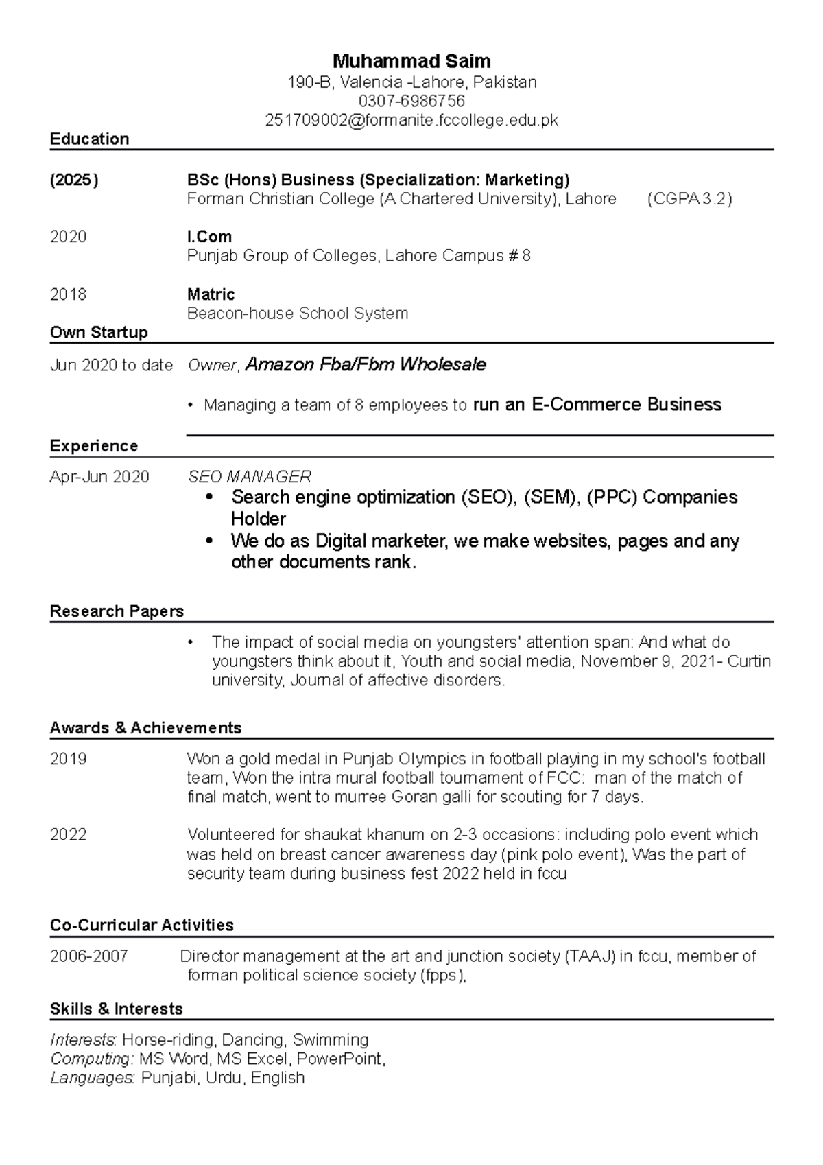 Assignment 1 : resume - nothing - Muhammad Saim 190-B, Valencia -Lahore ...