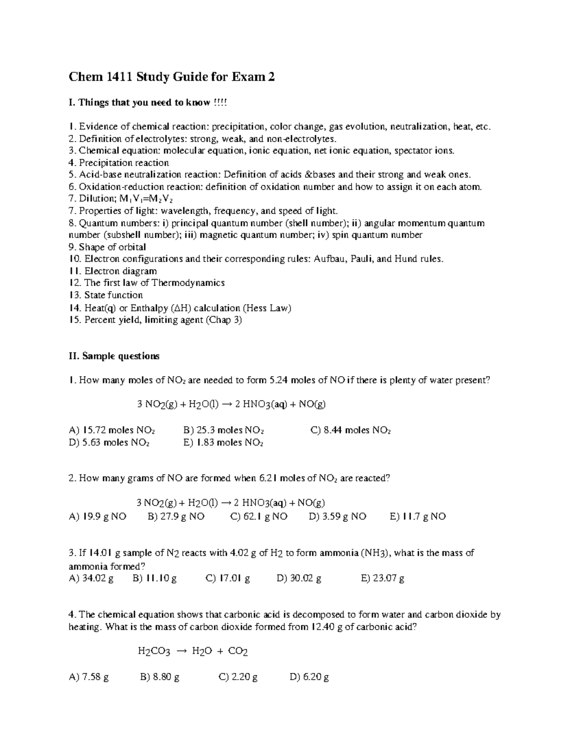Chem 1411 Study Guide Exam 2 - Chem 1411 Study Guide for Exam 2 I ...