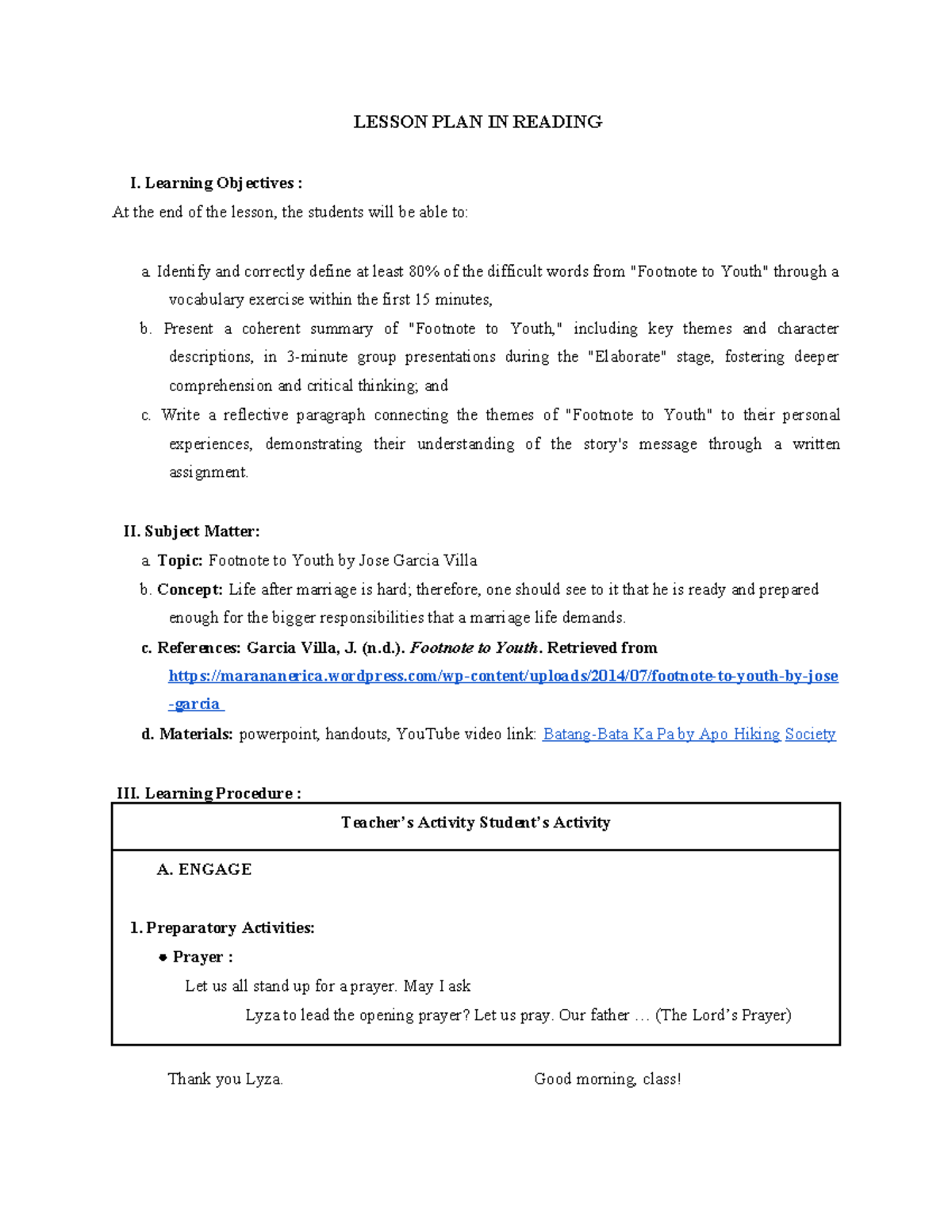 Lesson PLAN IN Reading Pepito Maryjoy C - LESSON PLAN IN READING I. Learning Objectives : At the ...