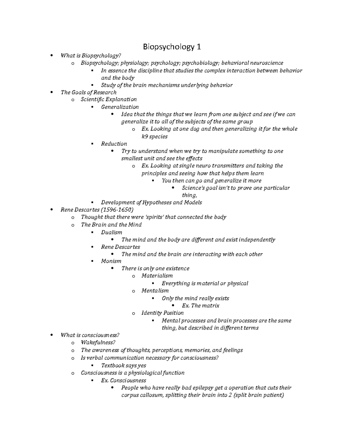 Biopsychology 1 - Lecture notes Unit 1 - Biopsychology 1 What is ...