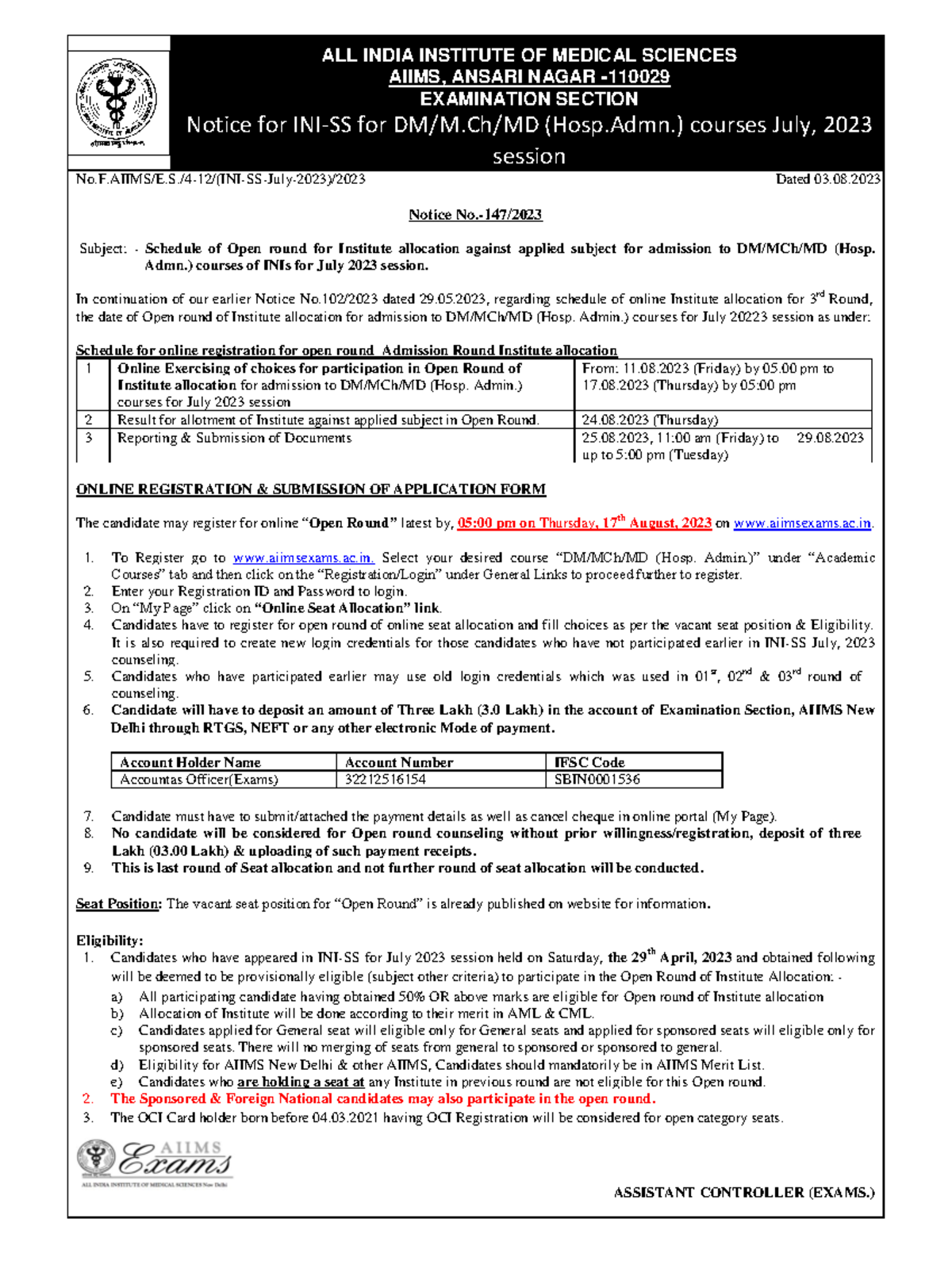 Schedule for Open Round- Iniss July 2023 - ALL INDIA INSTITUTE OF ...