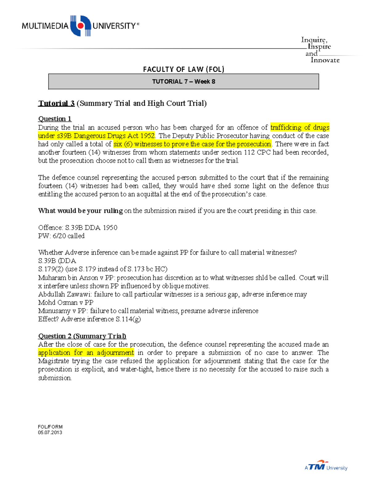CP 2 Week 8 Tutorial 7 - FACULTY OF LAW (FOL) TUTORIAL 7 – Week 8 Tutorial 3 (Summary Trial and ...