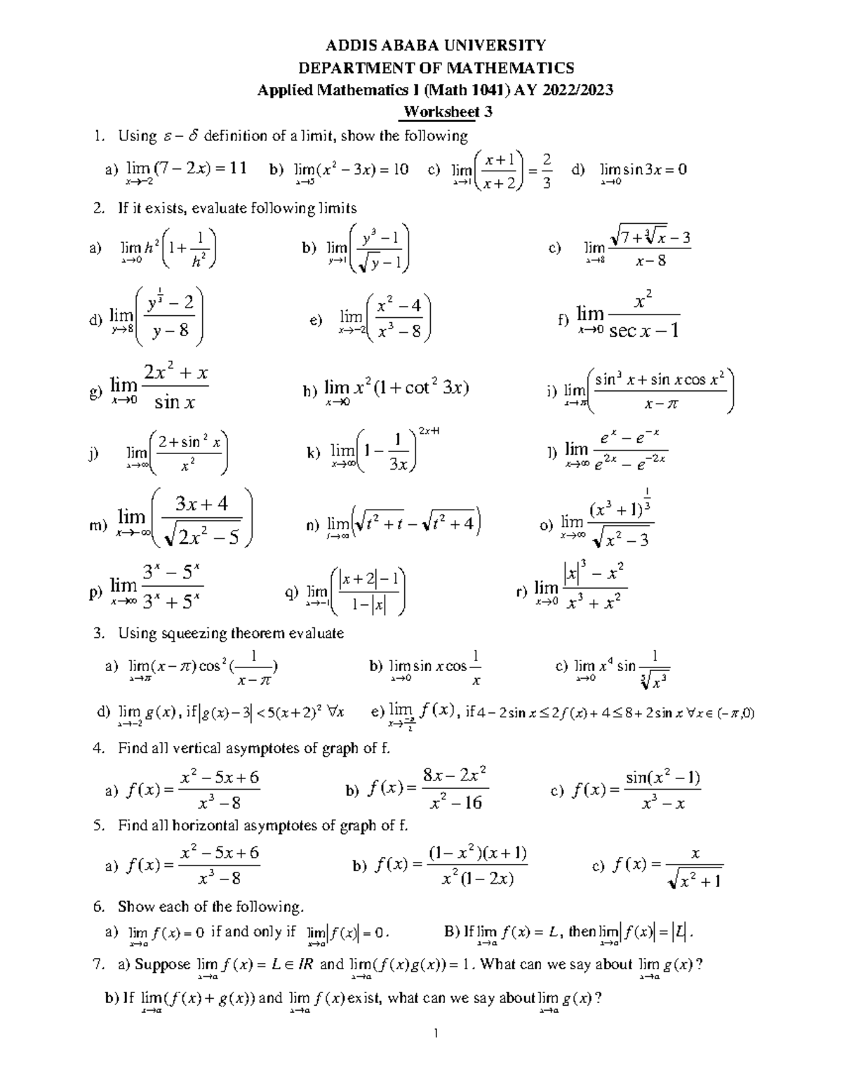 Applied Mathematics I (Math 1041) Worksheet III - 1 ####### ADDIS ABABA UNIVERSITY ####### - Studocu