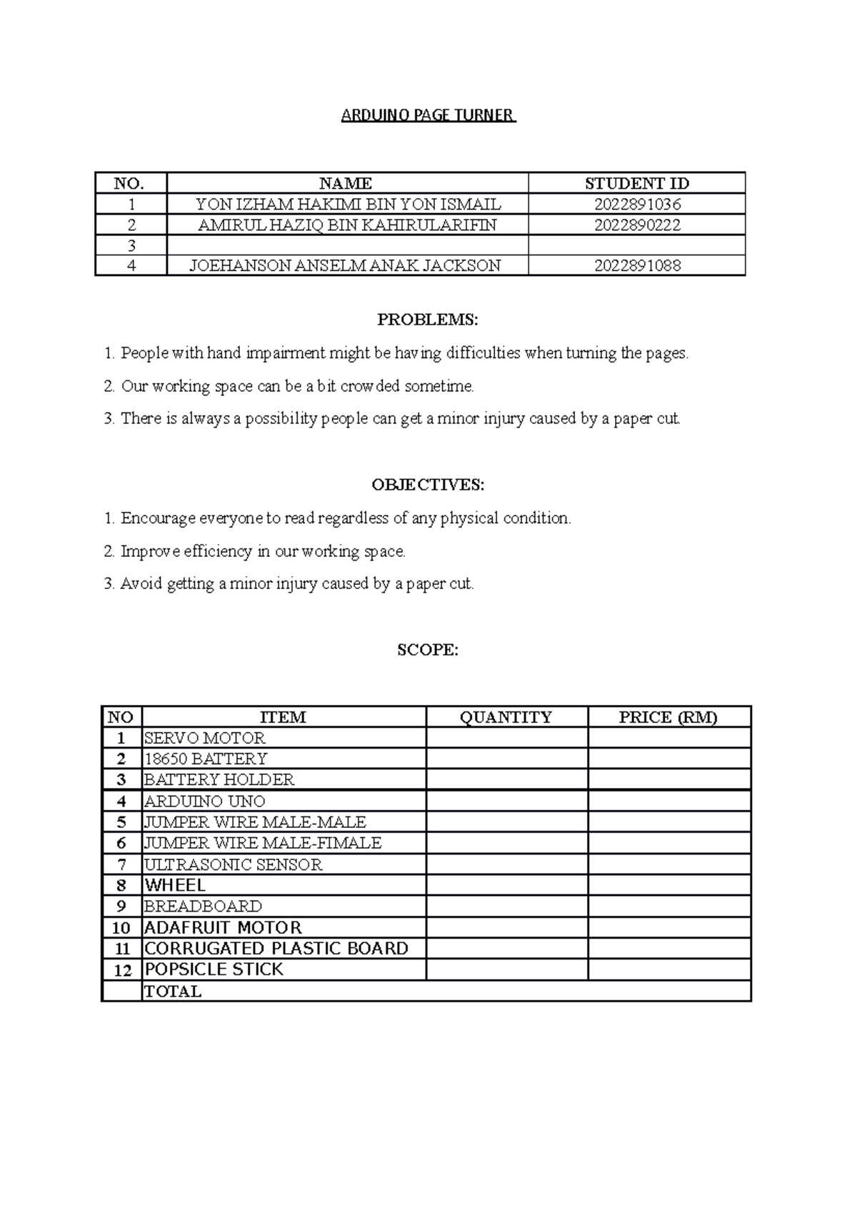 Project proposal - group assignment - ARDUINO PAGE TURNER NO. NAME ...