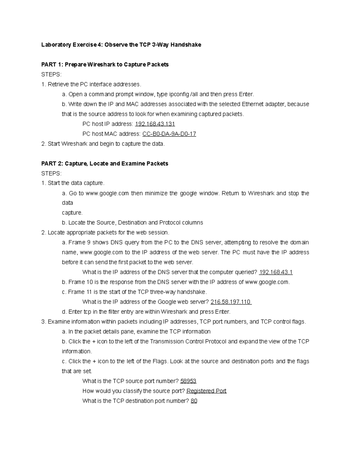 Laboratory Exercise 4 - N/A - Laboratory Exercise 4: Observe the TCP 3-Way Handshake PART 1 ...