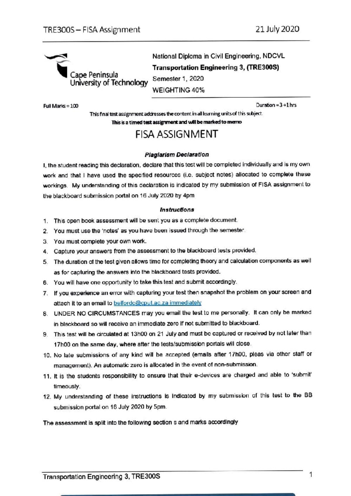 TRE300S FISA Exam 21 Jul. 2020 - TRE300S-FISA Assignment 21 July 2020 ...