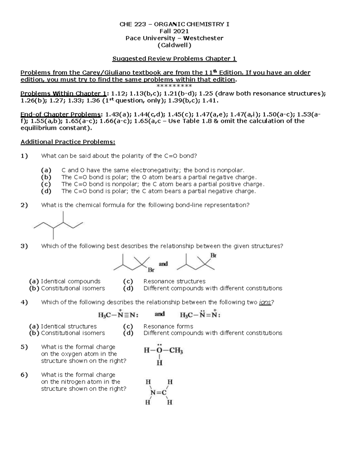 Chapter 1 Problems CHE 223 Fall 2021 - CHE 223 – ORGANIC CHEMISTRY I ...