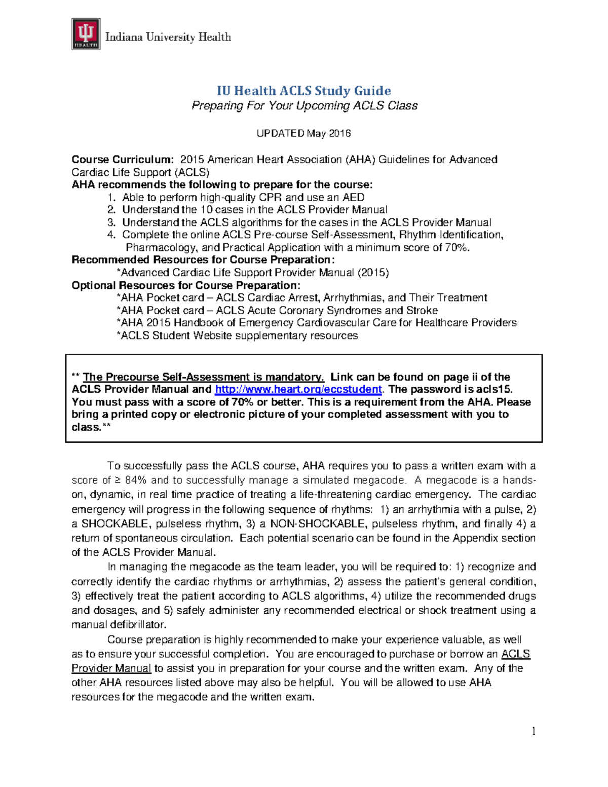 ACLS Study Guide 2016 for Pulse 2016 - IU Health ACLS Study Guide Pr ...