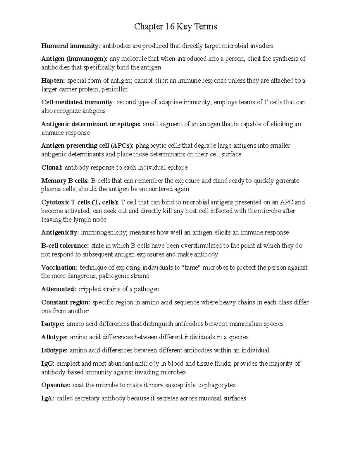 Chapter 16 Key Terms - Chapter 16 Key Terms Humoral immunity ...