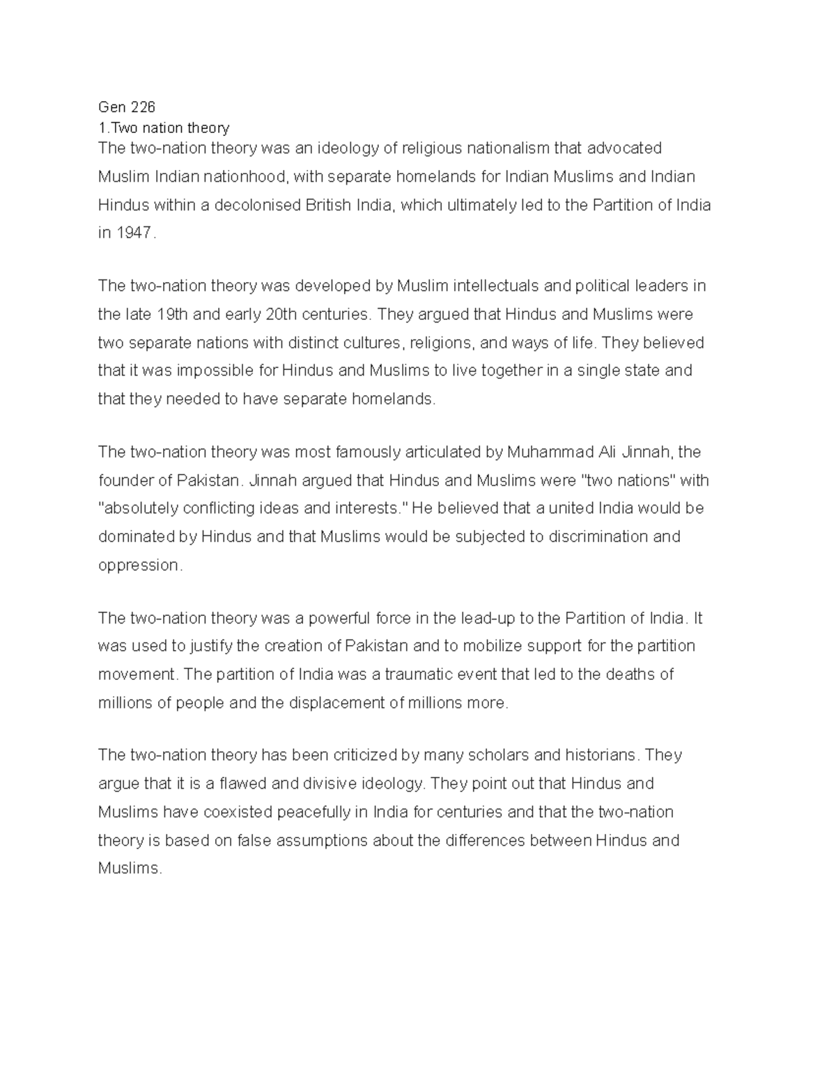 Gen 226 - important - Gen 226 1 nation theory The two-nation theory was an ideology of religious ...