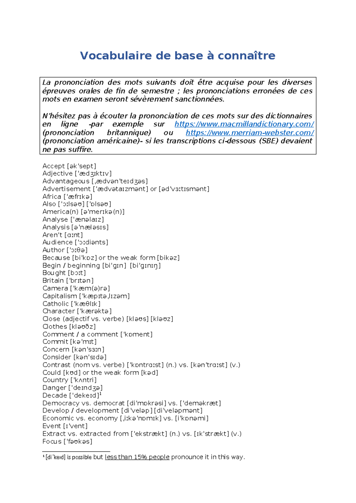 Liste du vocabulaire de base Final - Vocabulaire de base à connaître La ...