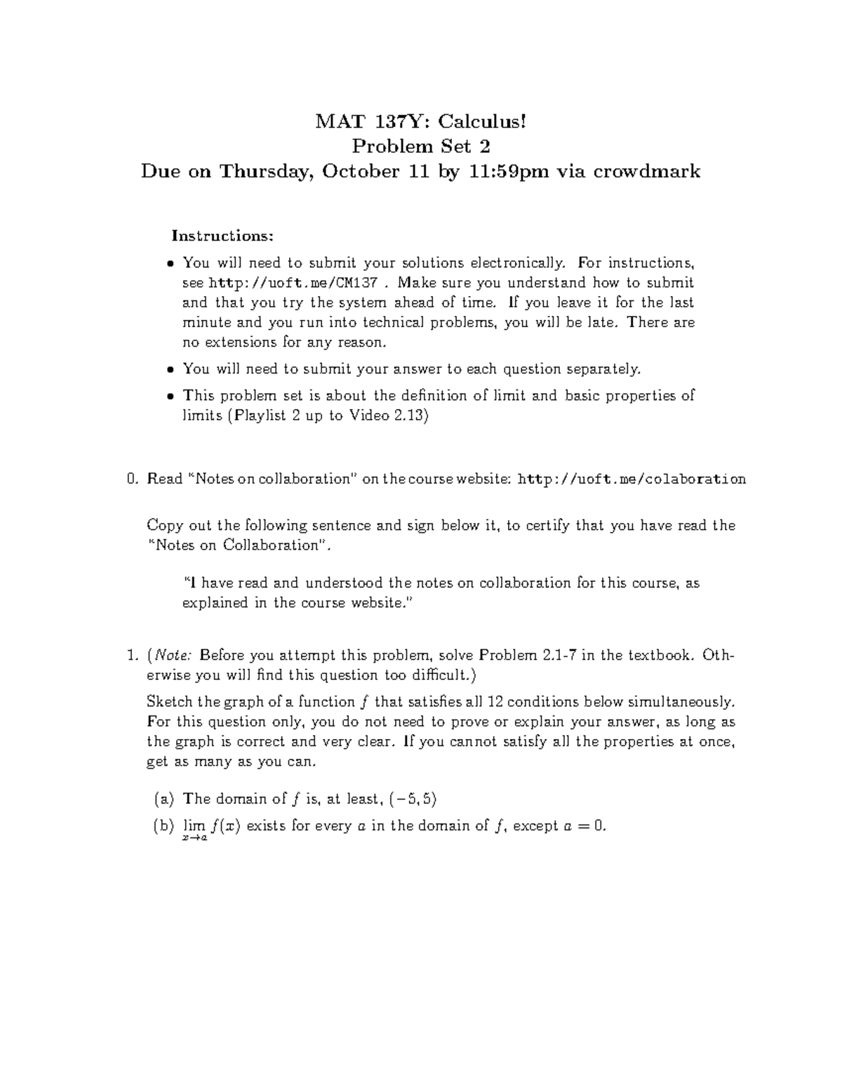 137 1819 PS2 - Problem set for MAT137 alfson - MAT 137Y: Calculus ...