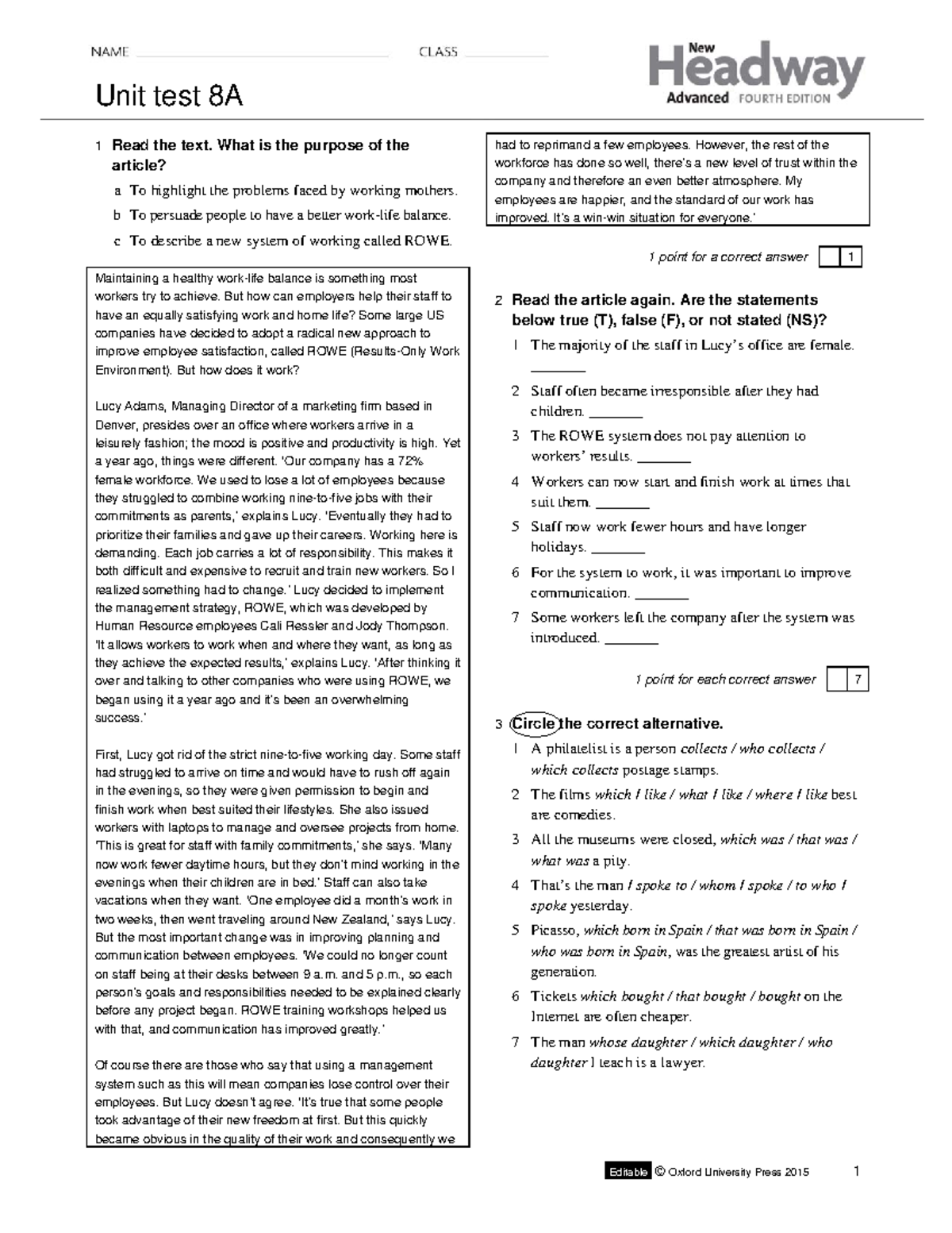 Unit test 8A - homework - Unit test 8A 1 Read the text. What is the ...