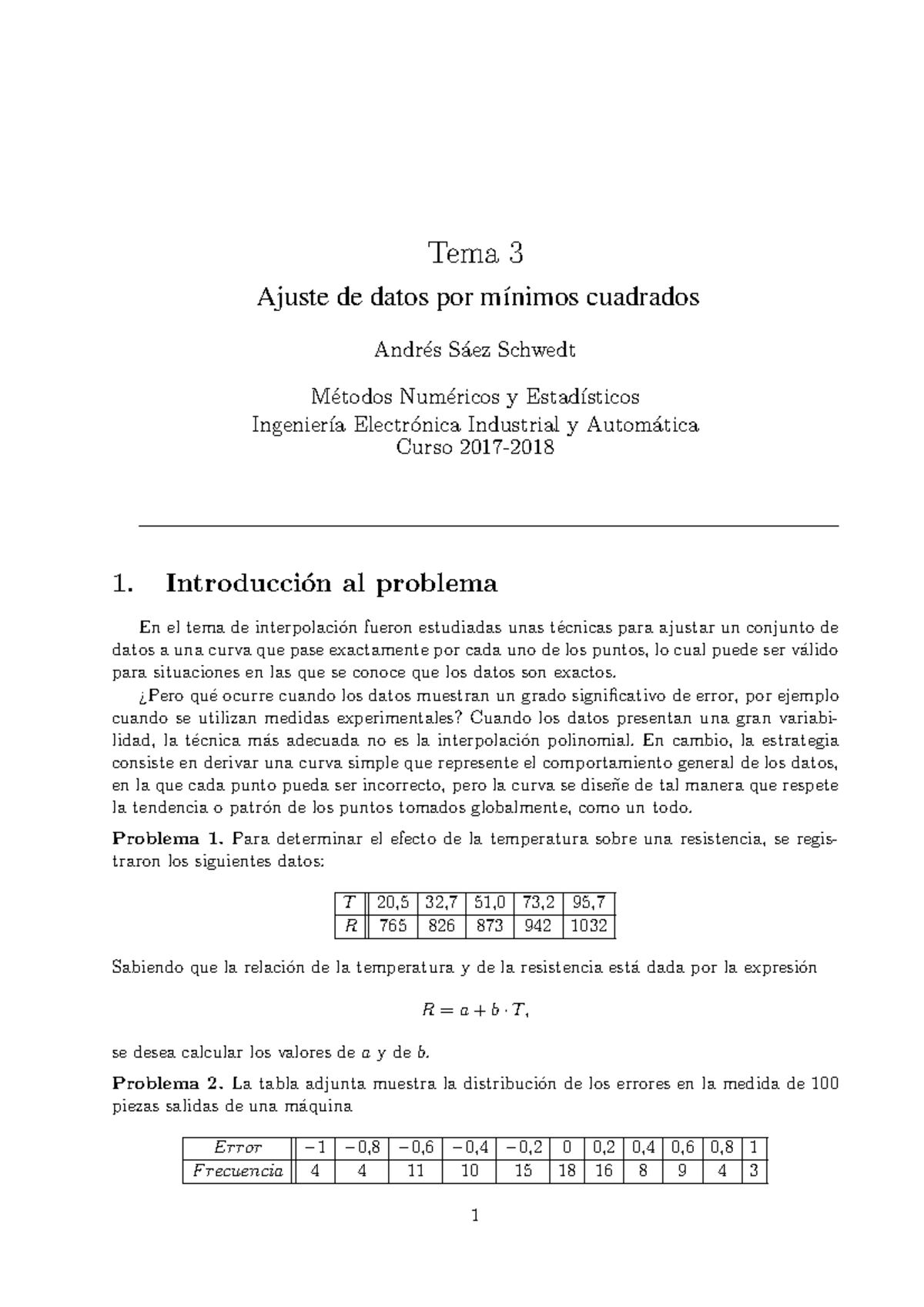 Tema 3. Ajuste de datos por minimos cuadrados - Tema 3 Ajuste de datos por m´ınimos cuadrados ...