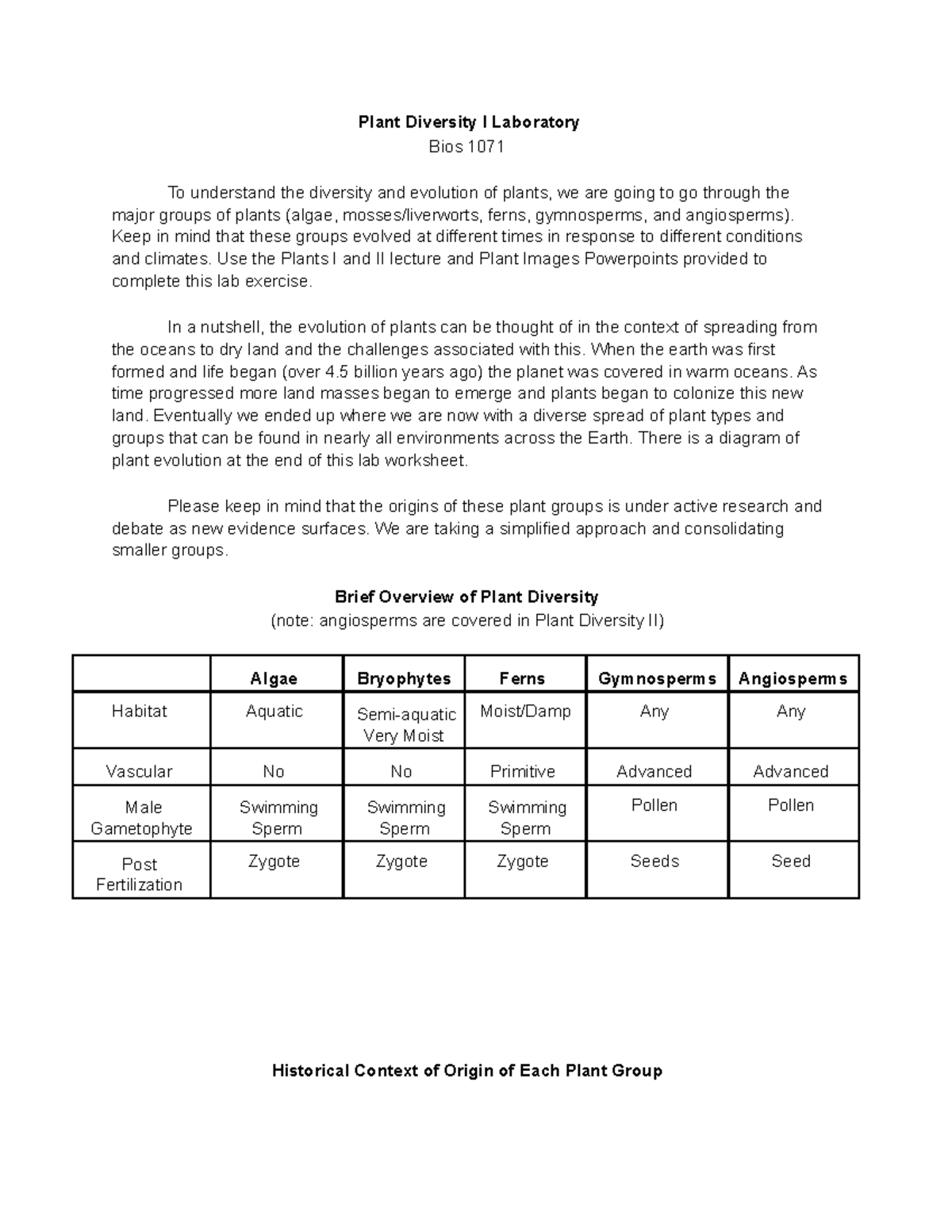 Exercise Plant Diversity I - Plant Diversity I Laboratory Bios 1071 To ...