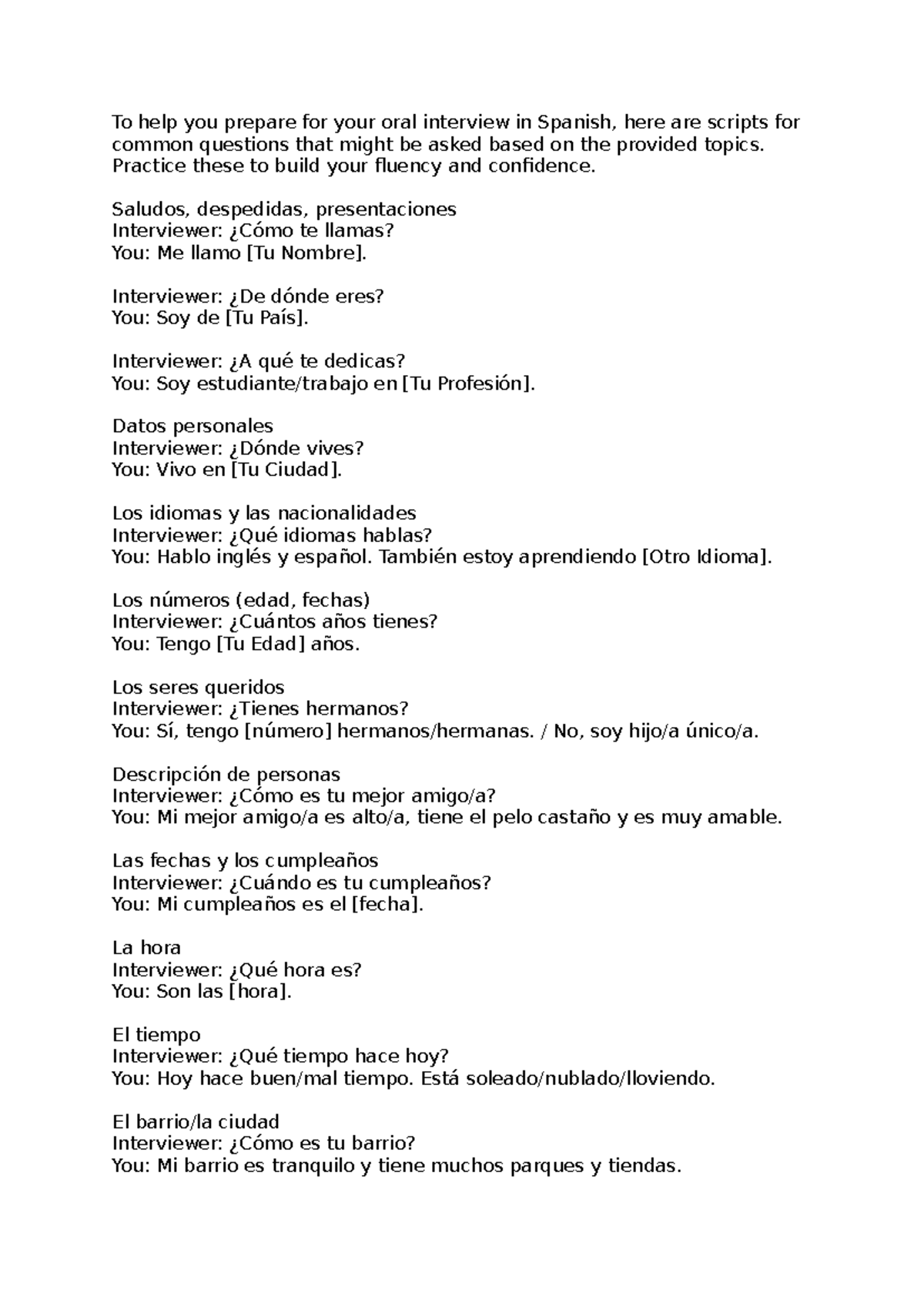 Doc3 - To help you prepare for your oral interview in Spanish, here are ...