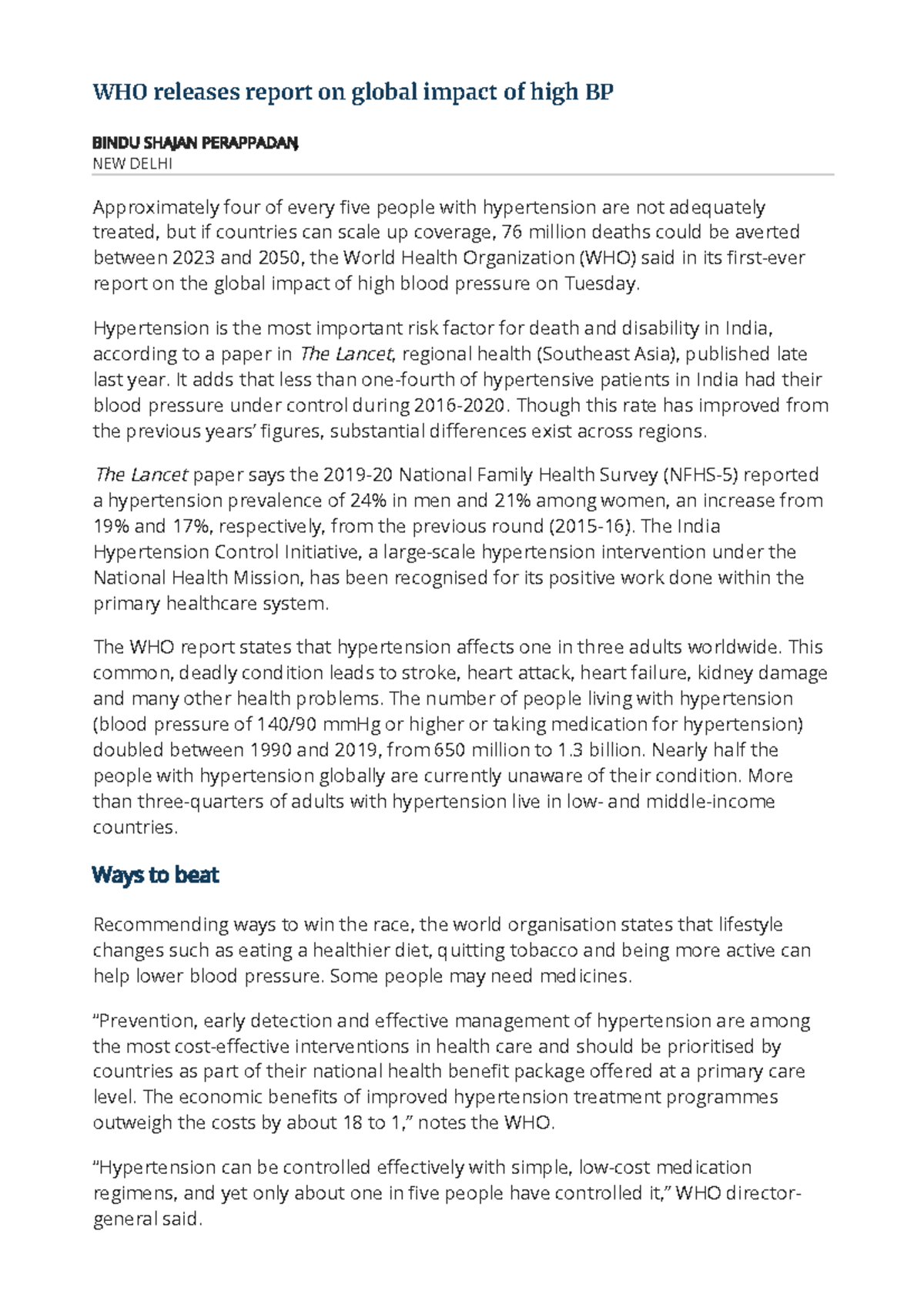 The Hindu e Paper Daily News and Current Affairs - WHO releases report ...