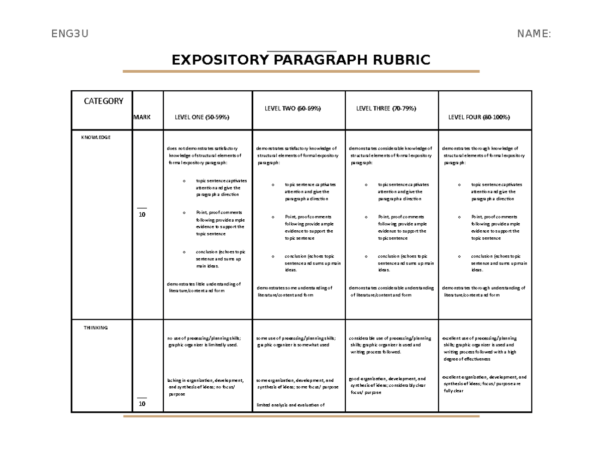 3U Expository Paragraph Rubric - ENG3U NAME: _____________ EXPOSITORY ...