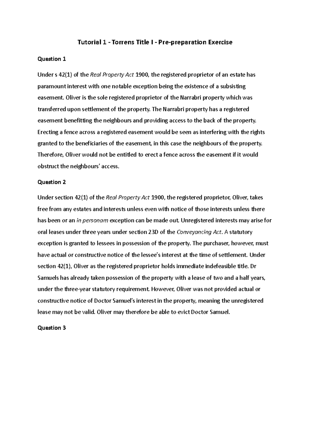 Tutorial 1 - question - Tutorial 1 - Torrens Title I - Pre-preparation ...