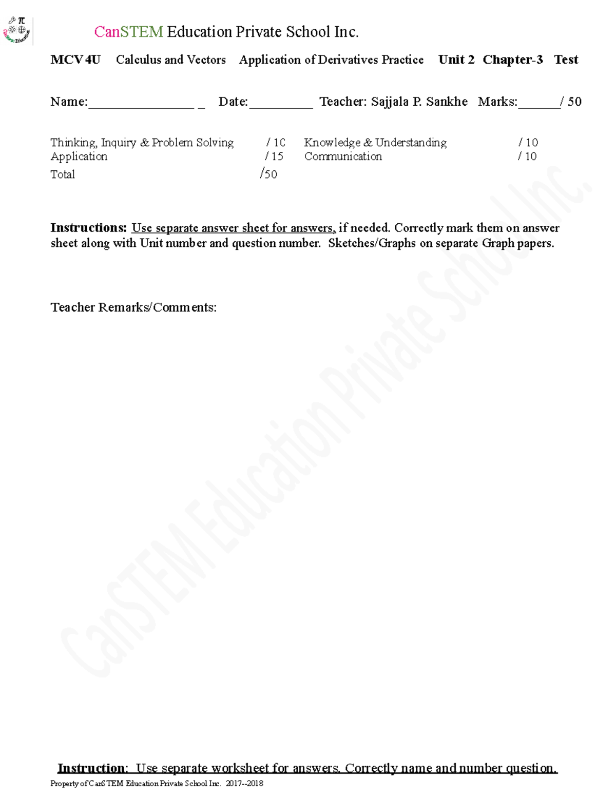 Test 1 Chapter 3 - Practice - MCV4U Can Calculus and Vectors STEM ...