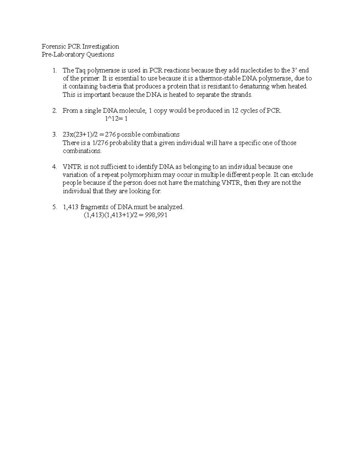 Pre-lab PCR - Prelab for PCR lab - Forensic PCR Investigation Pre ...