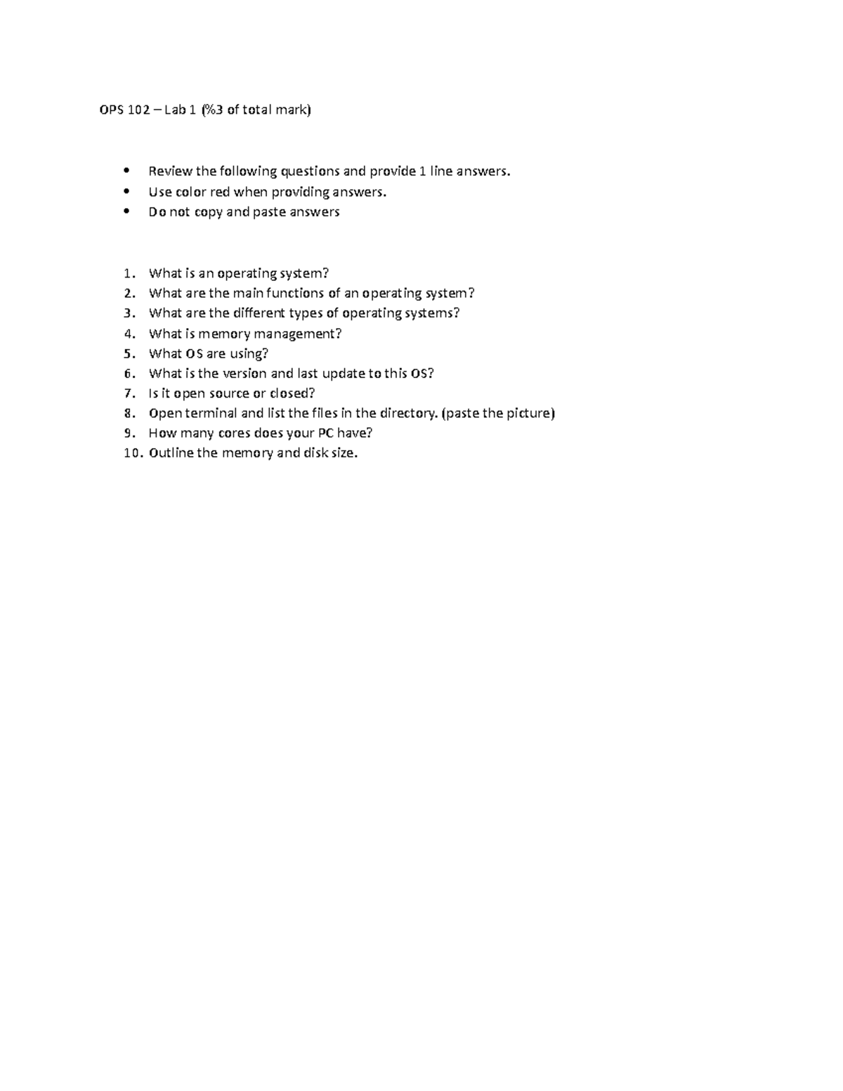 OPS102 - Lab1-2 - practice questions - OPS 102 – Lab 1 (%3 of total mark) Review the following ...