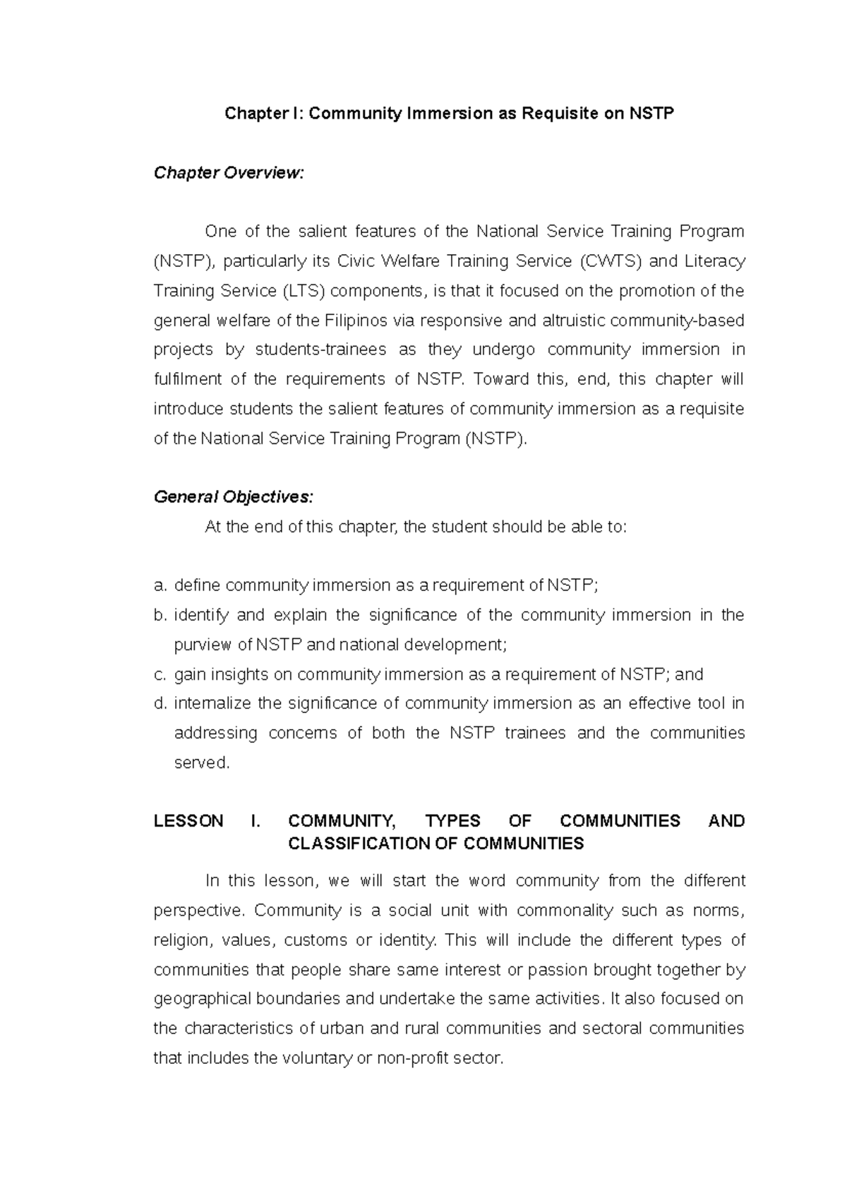 NSTP 2 Module None Chapter I Community Immersion As Requisite On