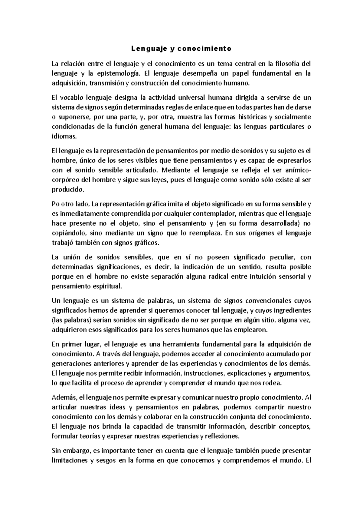 Ficha de trabajo-Lenguaje y conocimiento - Lenguaje y conocimiento La relación entre el lenguaje ...