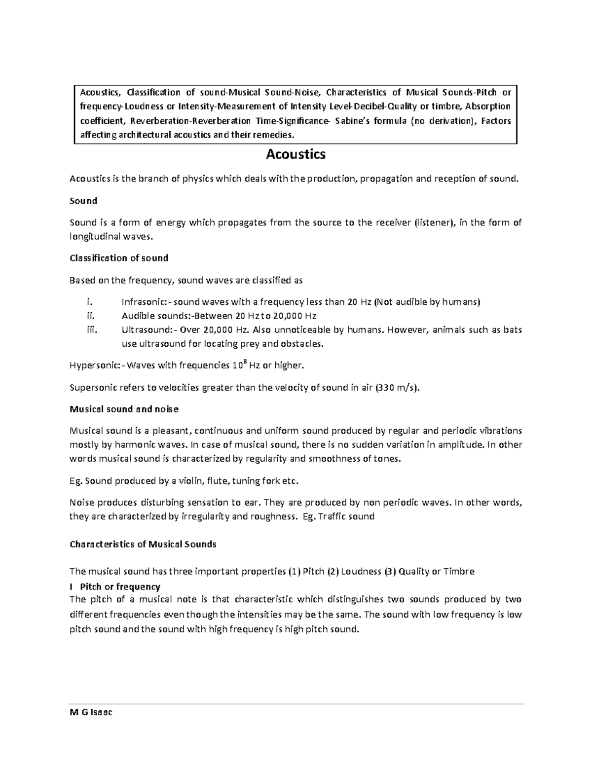 Acoustics notes pdf - Acoustics, Classification of sound-Musical Sound ...