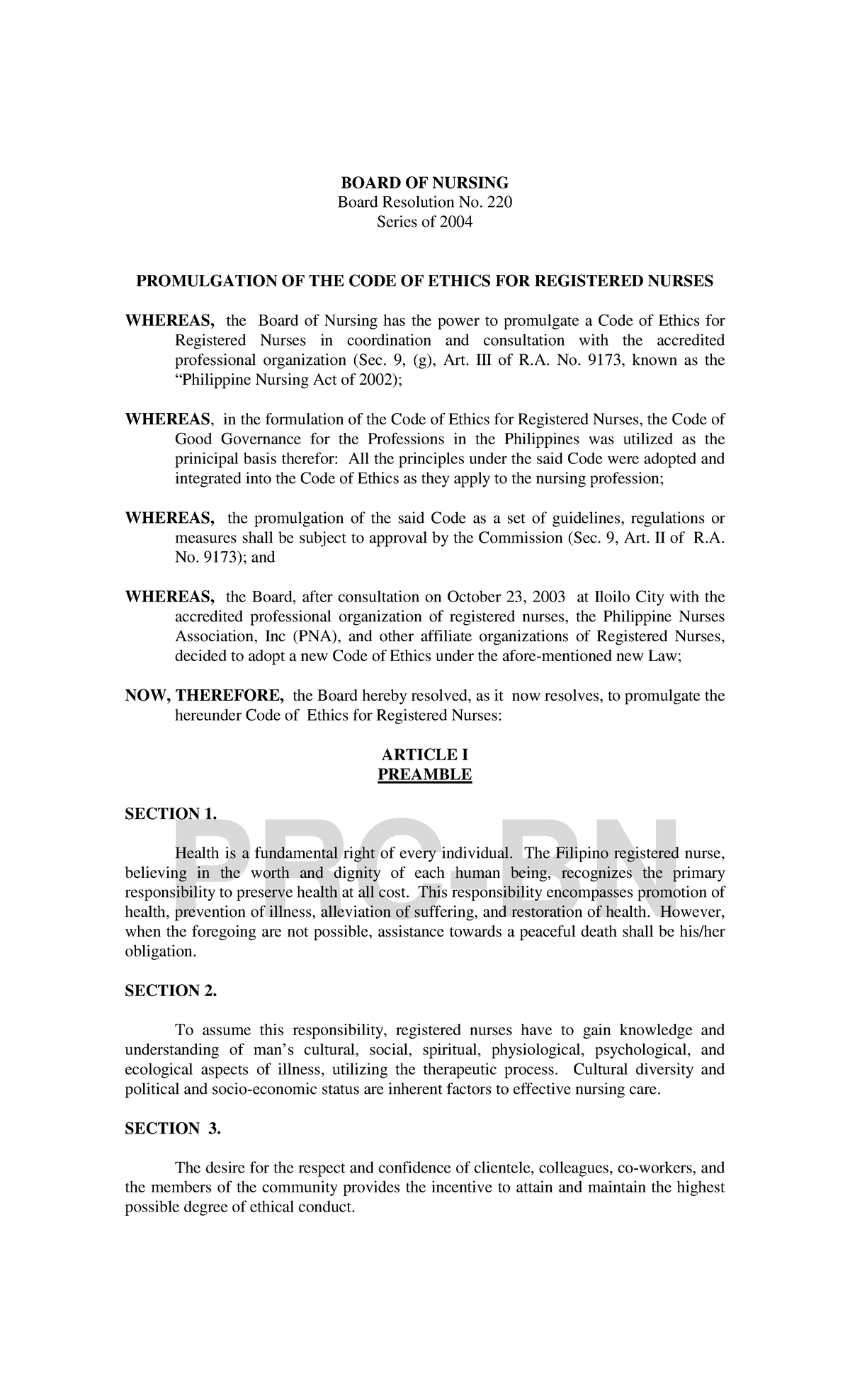 Board of Nursing code of ethics review notes - PRC-BN BOARD OF NURSING ...