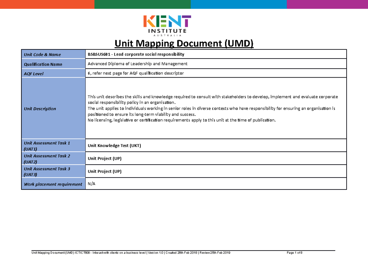 Unit Mapping Document - Bsbsus 601 - Unit Mapping Document (UMD) Unit ...