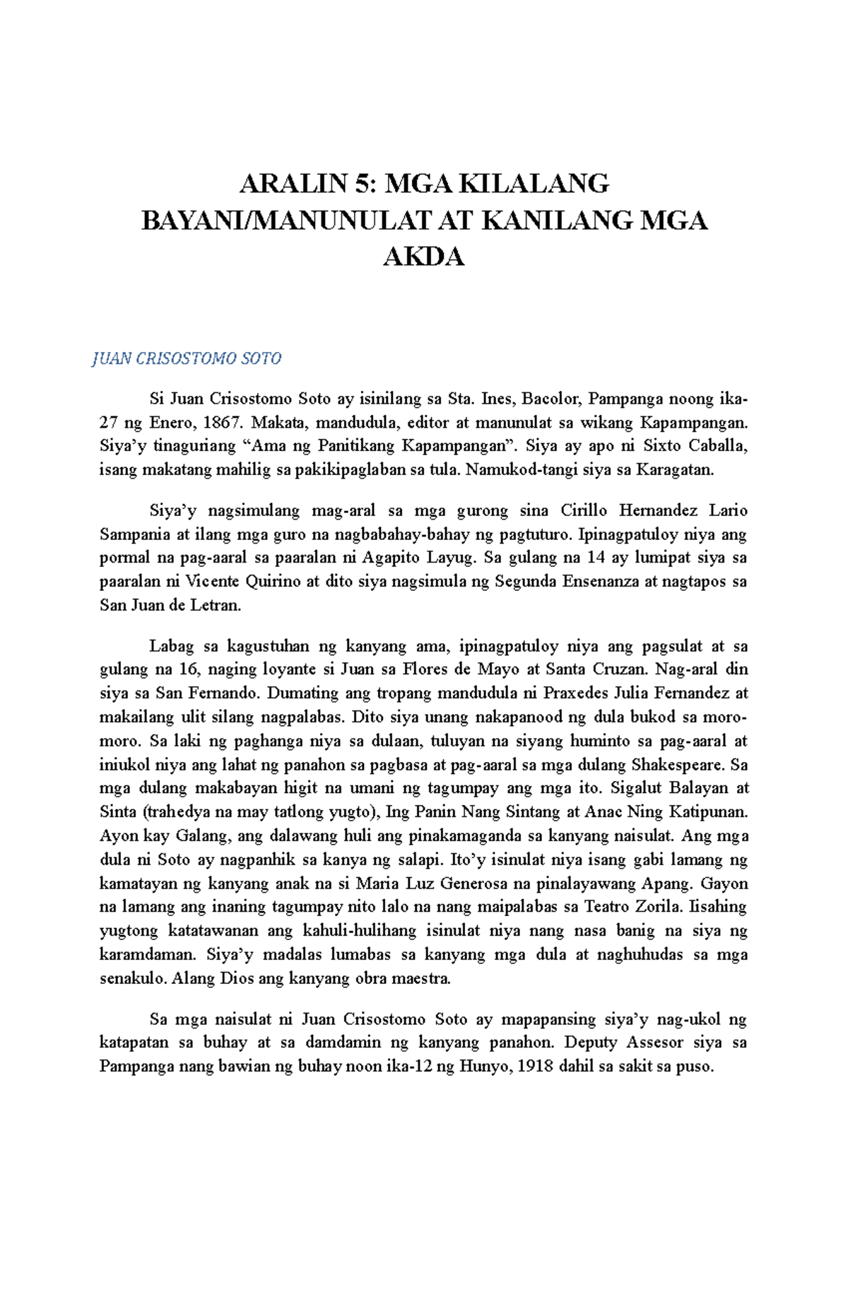 MGA Kilalang Bayanimanunulat AT Kanilang MGA AKDA - ARALIN 5: MGA ...