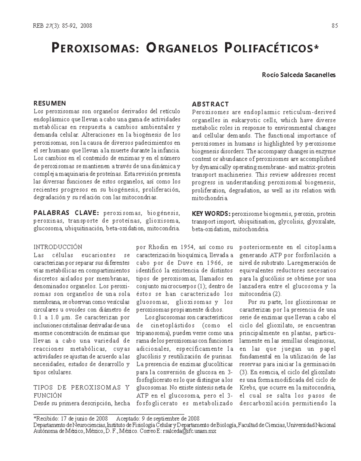 Documento Peroxisomas - P EROXISOMAS: O RGANELOS P OLIFACÉTICOS* Rocío ...