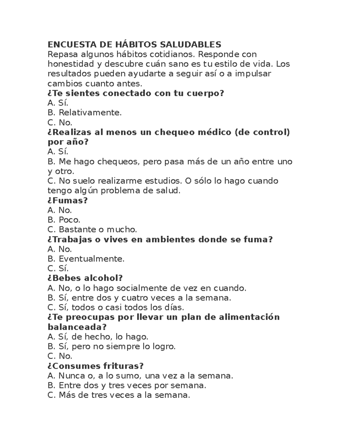 Encuesta Habitos vida sana - ENCUESTA DE HÁBITOS SALUDABLES Repasa ...